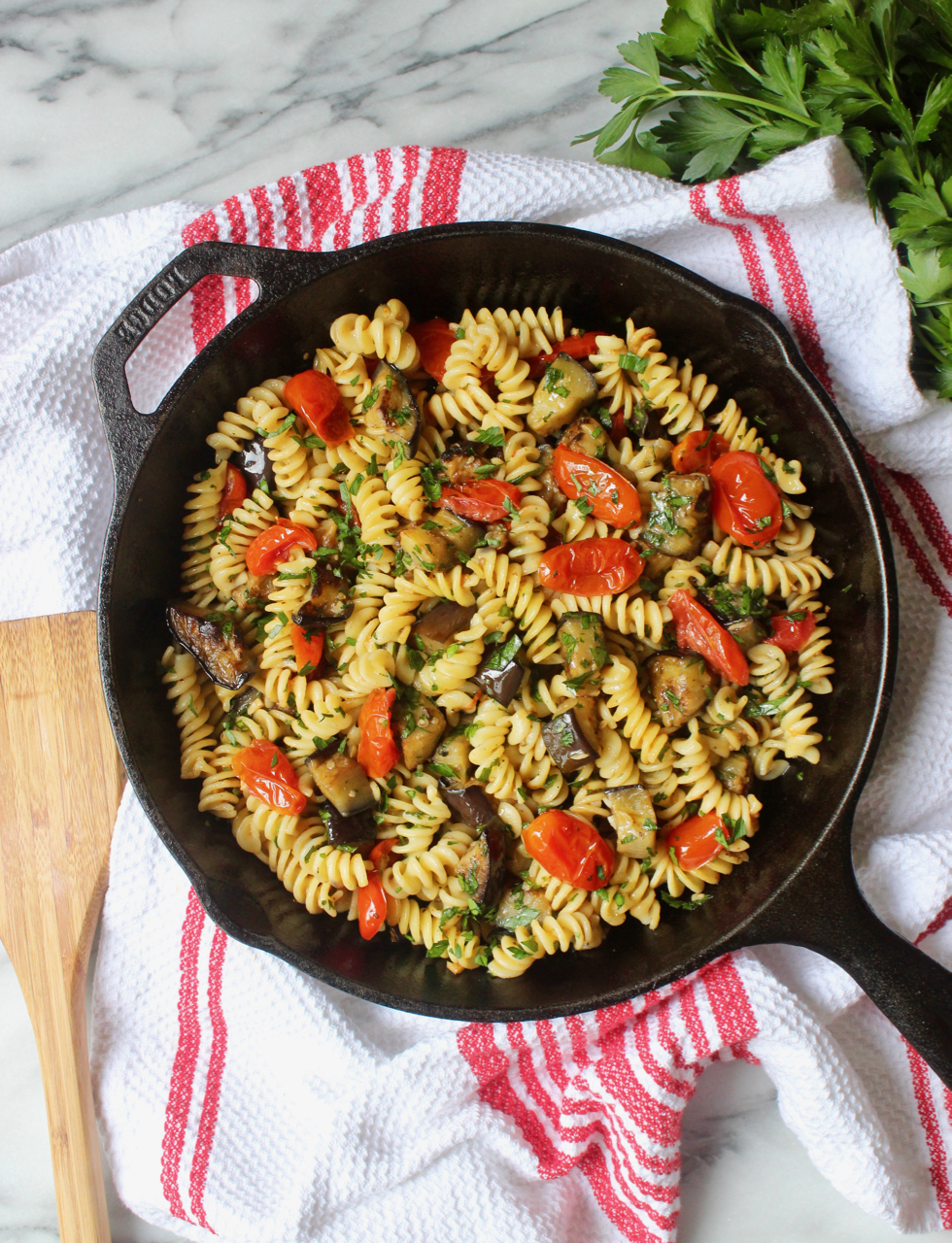 Fusilli with Eggplant, Fresh Tomatoes & Parsley | The Kitchen Scout